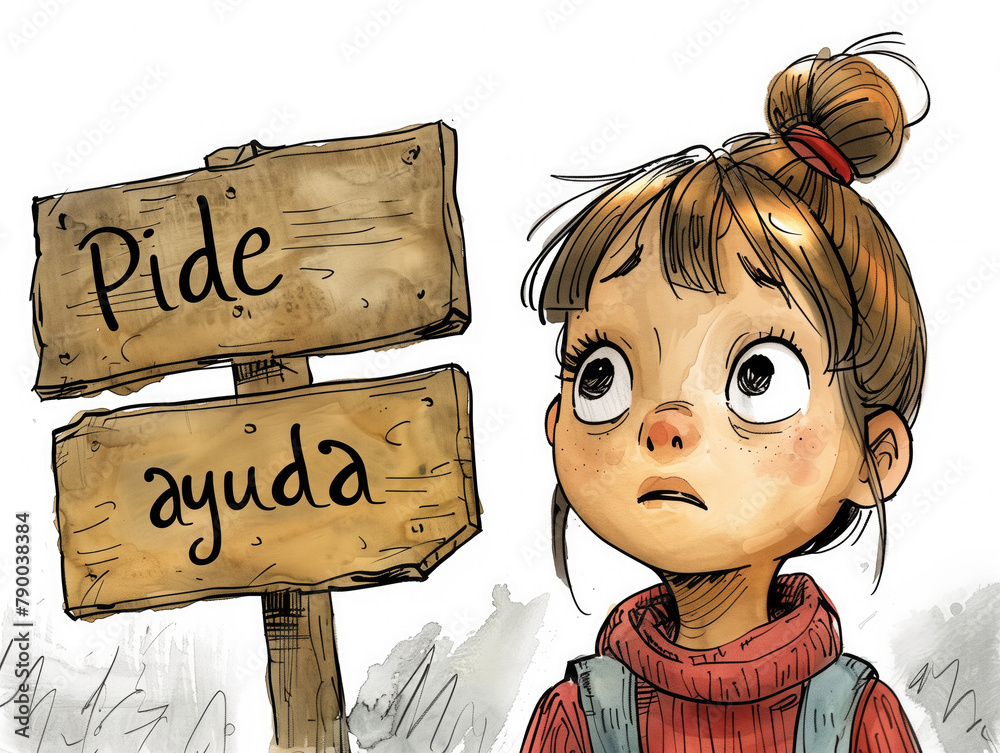 Niña mirando un cartel con el texto, pide ayuda, expresión asustada ...