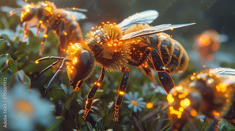 Illustrate a group of pixel art robotic bees buzzing around a neon ...