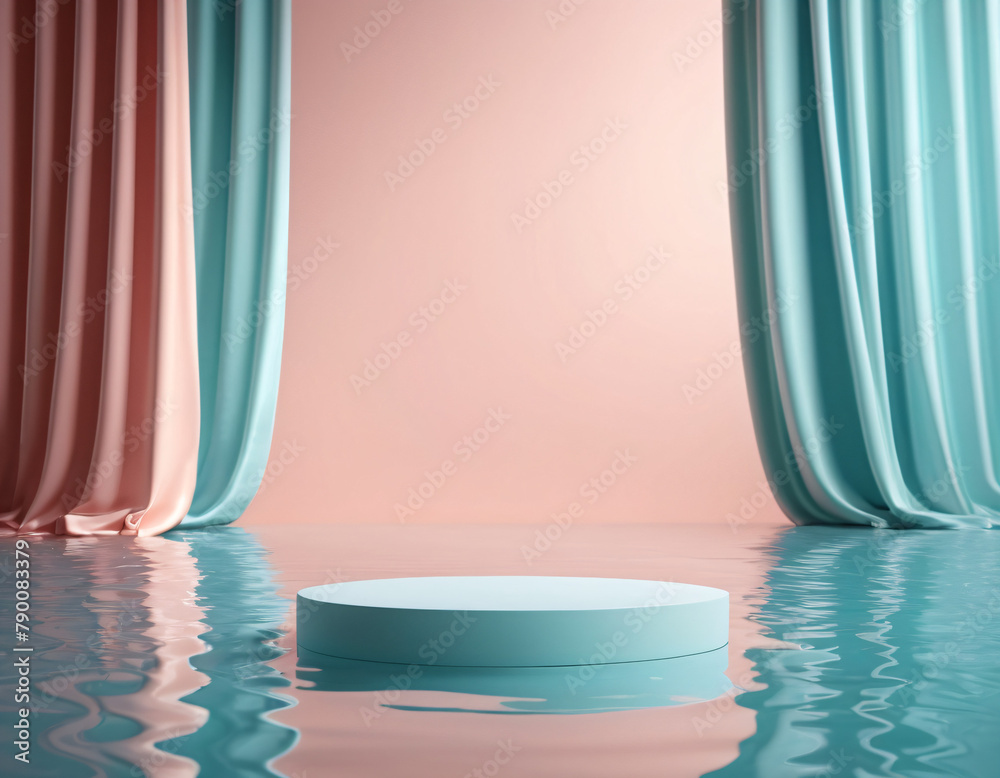 3d render abstract platform podium on water and waving curtains ...