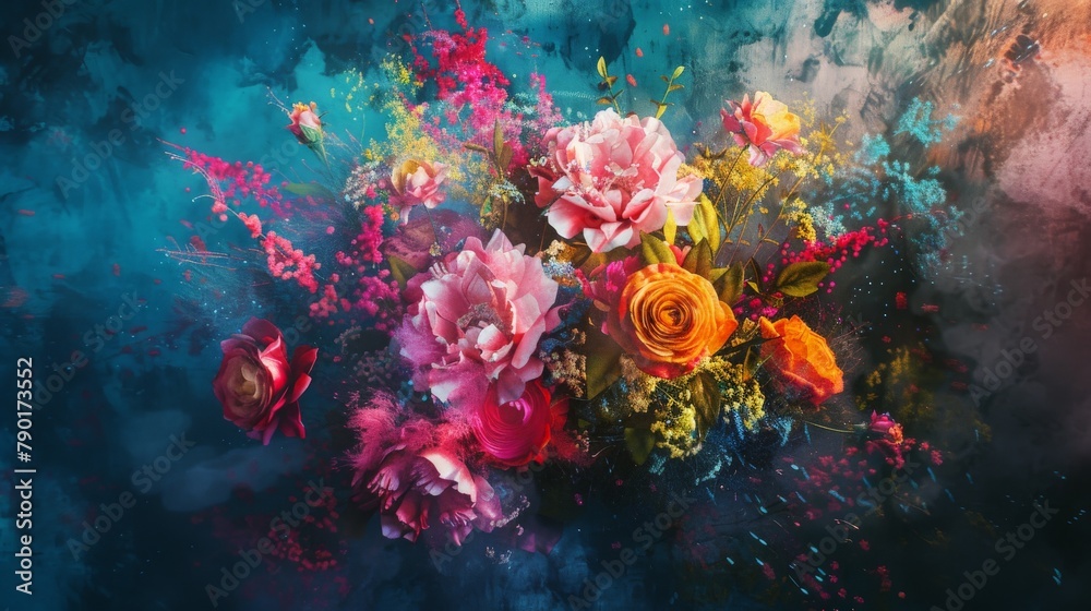 A vibrant bouquet of flowers overflowing with color, captured in a ...