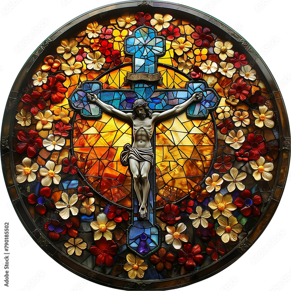 A round stained glass window with a holy crucifix for the Catholic ...