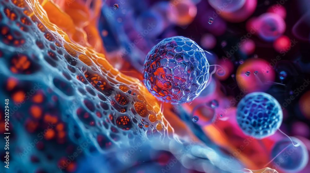 A close up of a cell with two red spheres in the middle. The cell is ...
