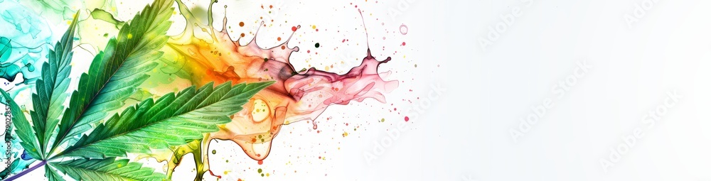 Cannabis leaf on white backdrop, spectrum of rainbow hues converging ...
