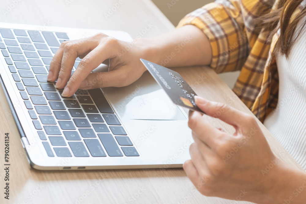 Internet banking, Online shopping at home, asian young woman hand in ...