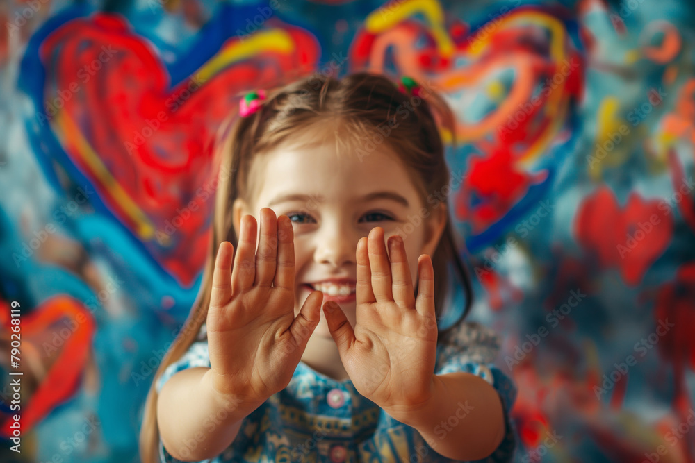 childrens day. A little artist creating a fun stop sign gesture with ...