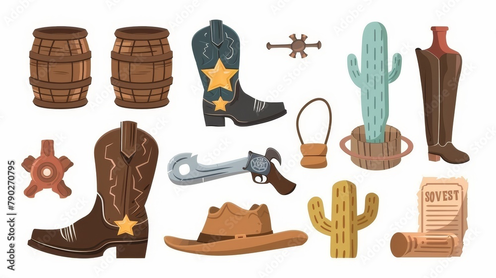Objects of the wild west with cowboy boots, sheriff badge, cactus and ...