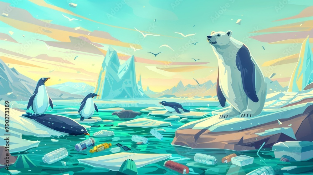 Cartoon arctic and antarctic scene with wild animals on ice and trash ...
