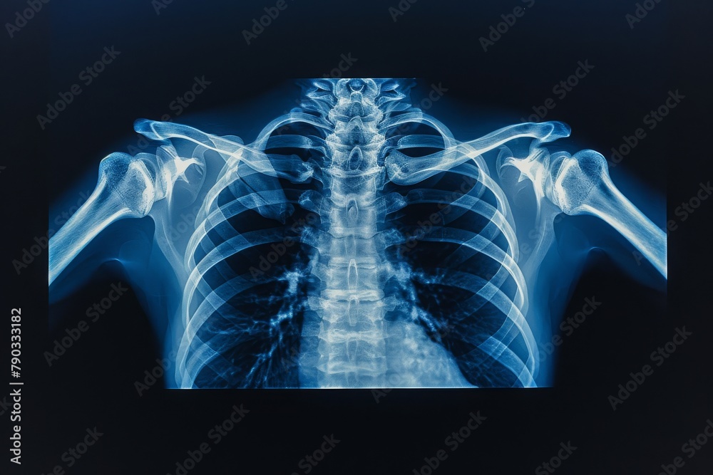 This x-ray image captures a detailed view of a mans chest, revealing ...