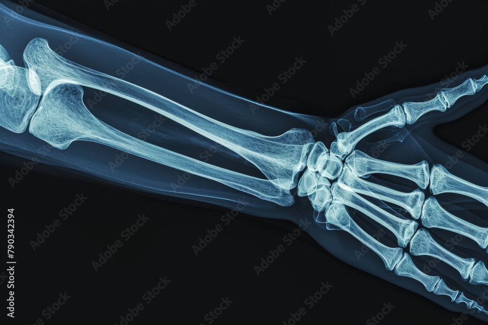 This x-ray image depicts a human hand, revealing a clear view of a long ...