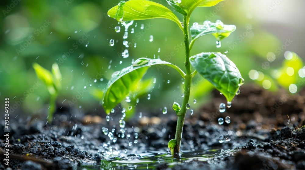 Water dripping on the seedling. New born plant. Planting the tree for ...