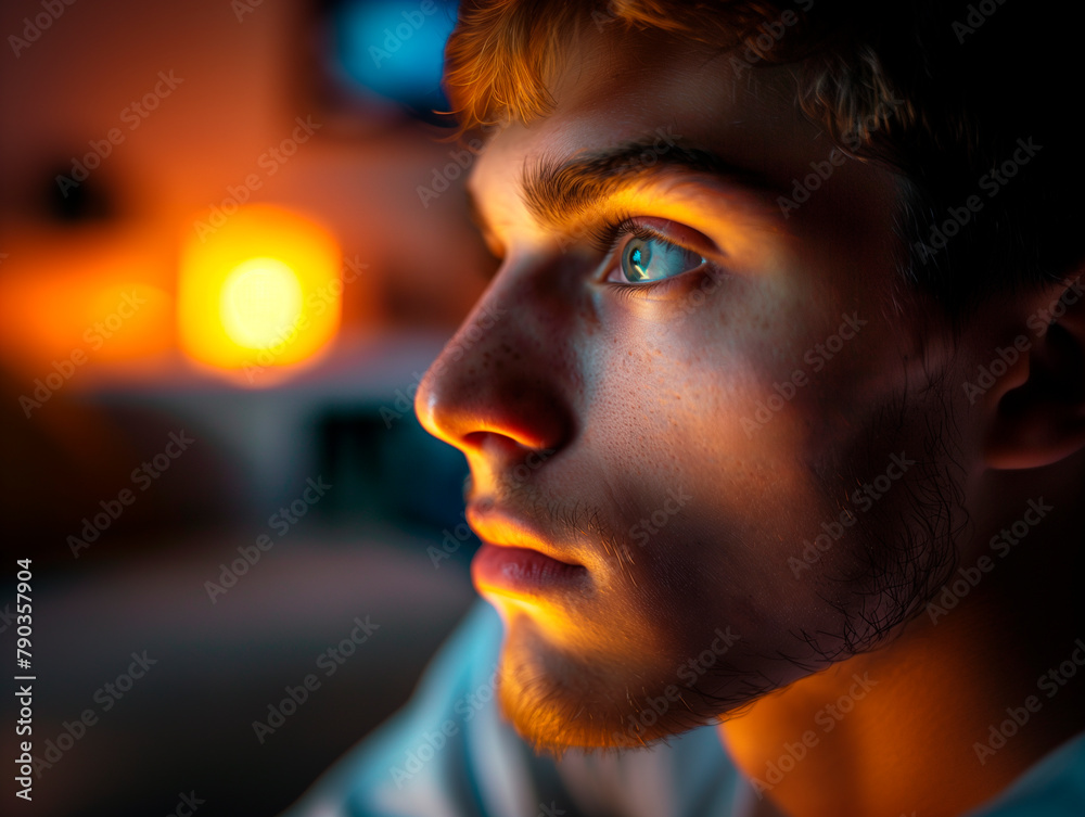 Attractive young man with blue eyes with a distracted look in the ...