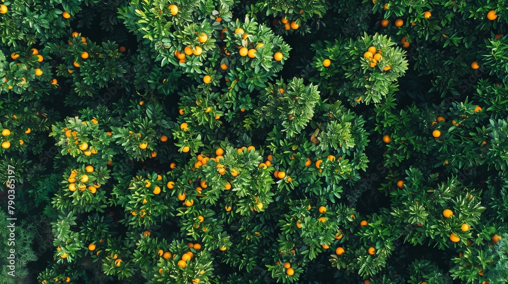 Aerial top view of orange fruit trees in forest. Drone view of dense ...