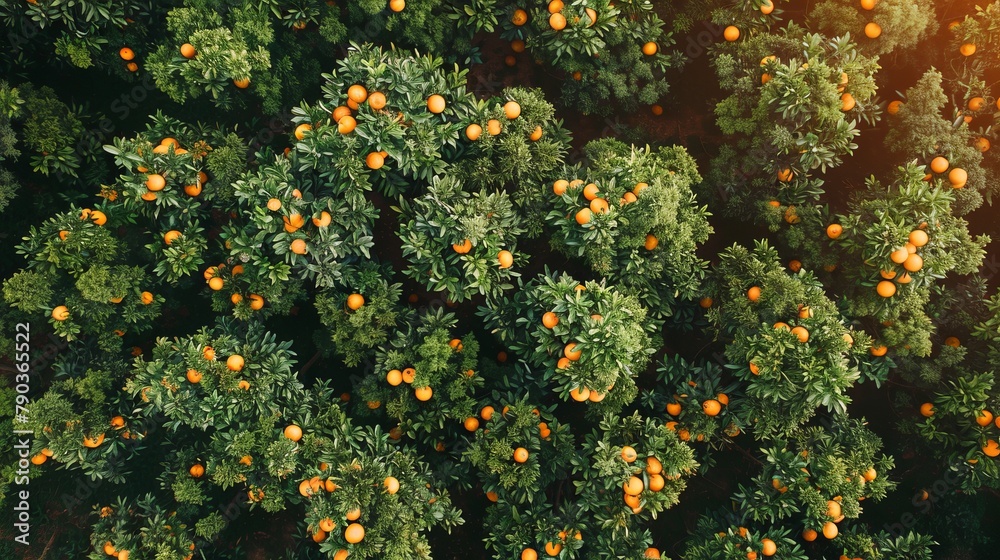 Aerial top view of orange fruit trees in forest. Drone view of dense ...