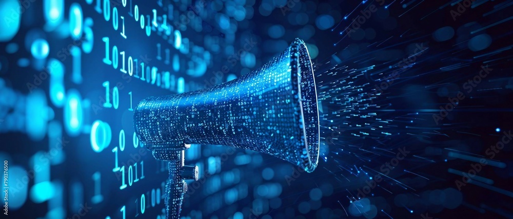 blue megaphone with binary code, artificial intelligence in advertisement and digital marketing ...
