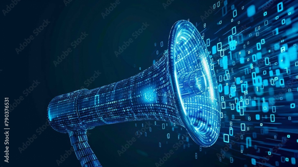 blue megaphone with binary code, artificial intelligence in ...