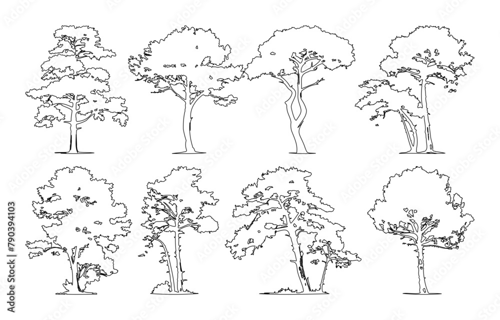 Set of silhouette tree line drawing stroke outline. Side view set of ...