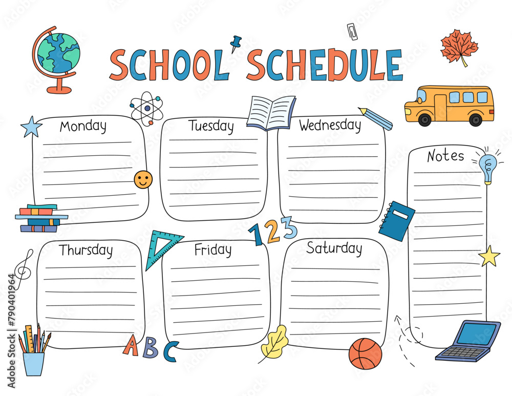 School Schedule template printable US Letter size vector. Weekly class ...