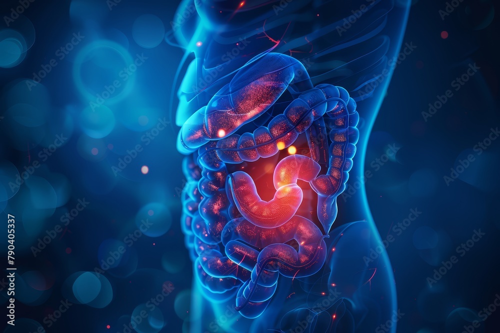 Medical illustration of a model with abdominal pain. Gut and stomach ...