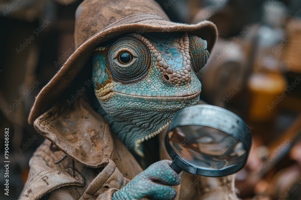 A chameleon disguised as a detective, wearing a trench coat and fedora ...