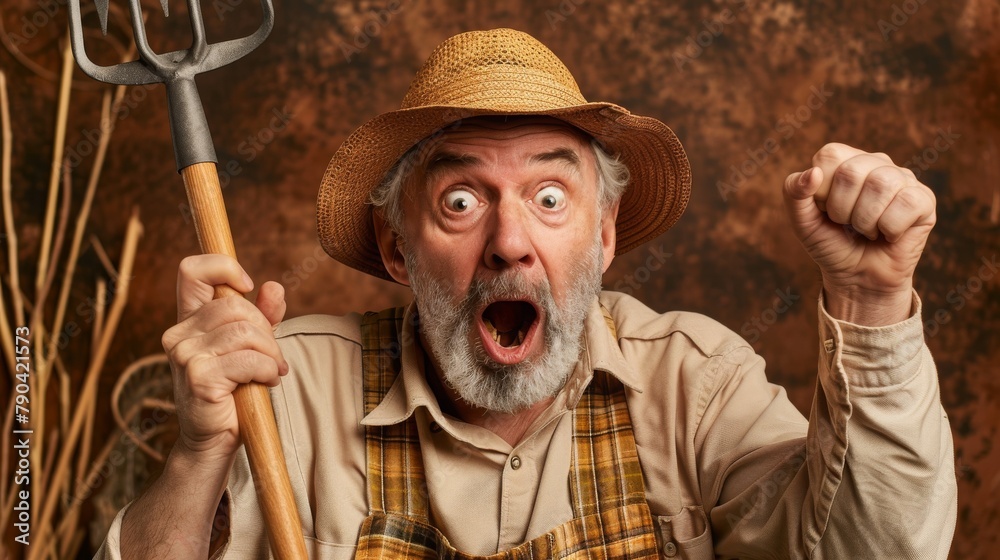 Senior man with grey hair wearing gardener hat holding rake scared and ...