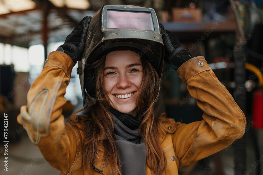 Portrait of smiling female welder posing confidently while working at ...