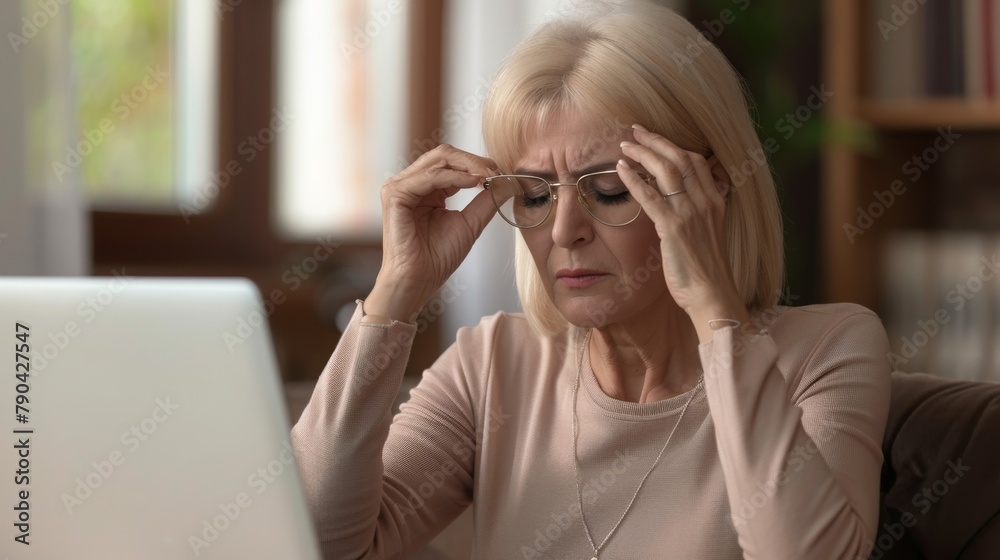 Upset fatigued overworked senior mature business woman taking off ...