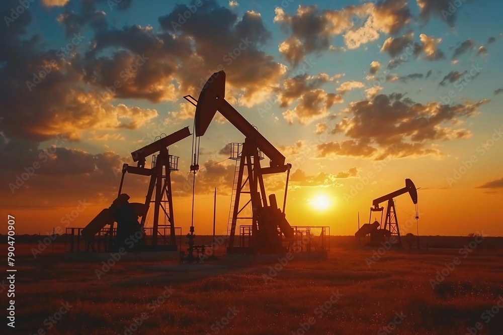 Silhouettes of oil pumpjacks against the backdrop of sunset sky with ...