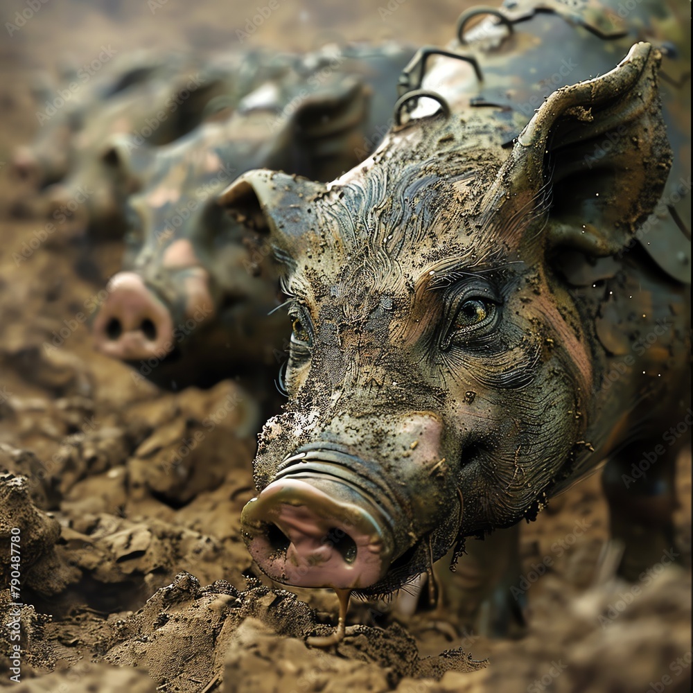 Army of pigs in mud-camouflaged armor, war-torn terrain, eye-level view ...