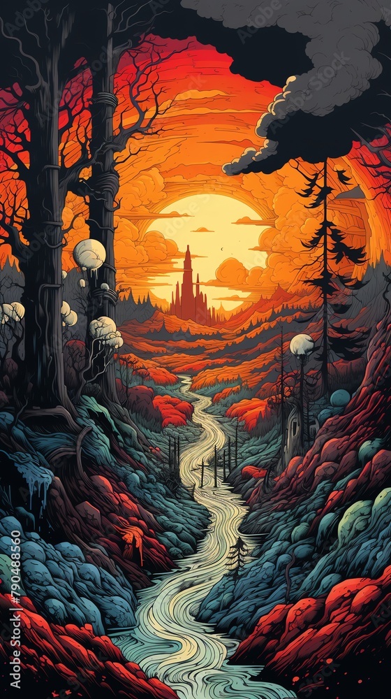Illustrate a psychological journey through a twisted landscape with ...