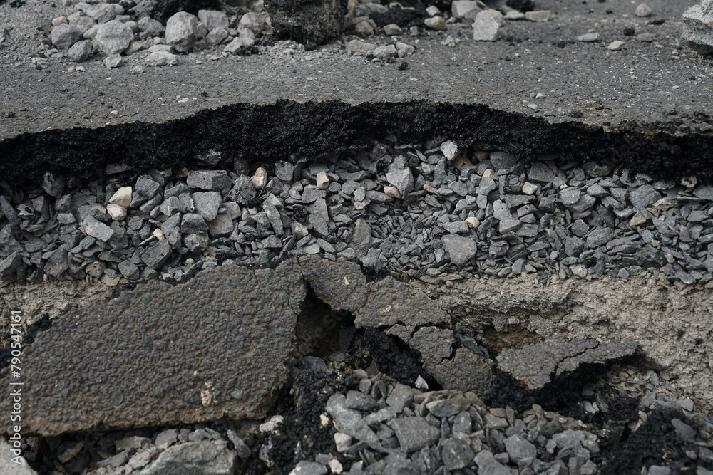 Asphalt road cross section in repair and reconstruction work. To show ...