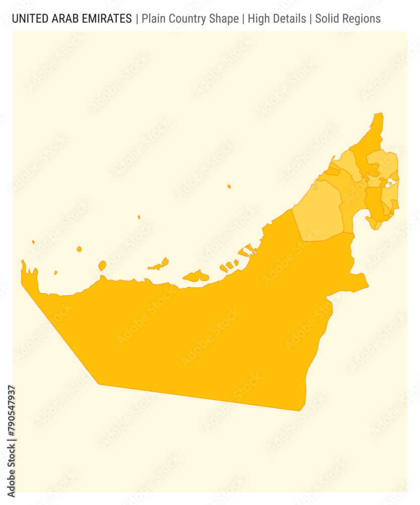 UAE plain country map. High Details. Solid Regions style. Shape of UAE ...