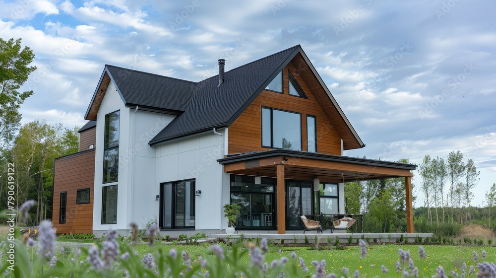 house in the Northeast, modern with wood houses, up close, high end ...