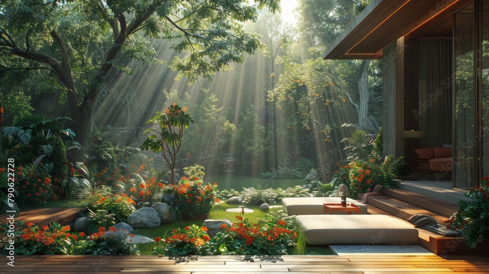 Lush garden adjacent to a modern home with vibrant flowers and serene ...