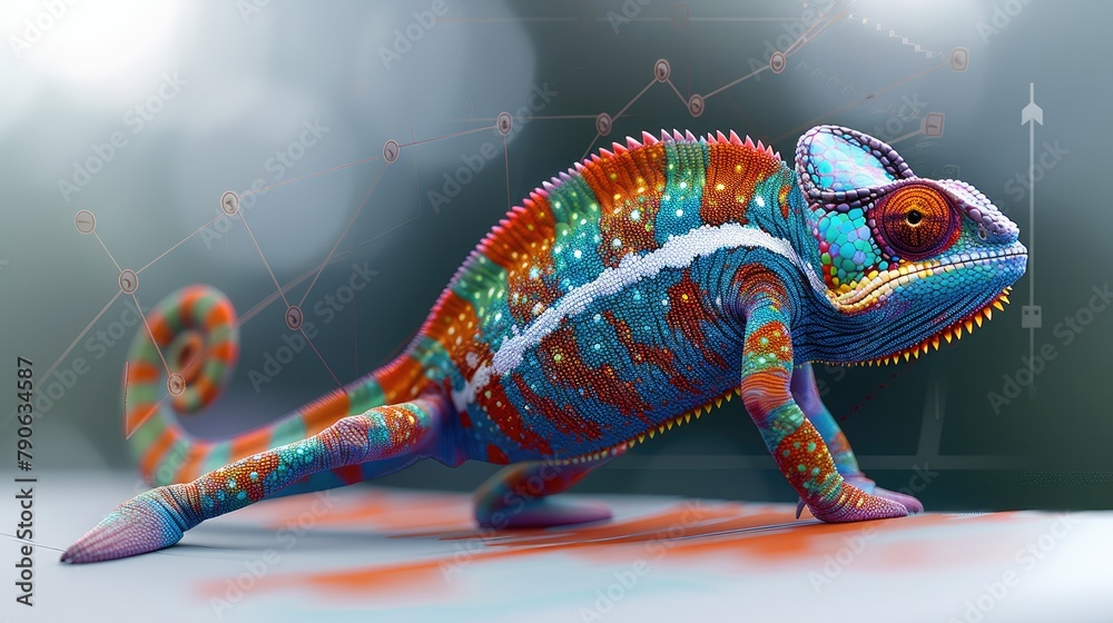 A colorful chameleon climbing up a graph that illustrates an ...