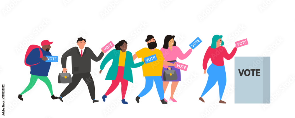 vector flat illustration, people holding signs with the text "VOTE ...