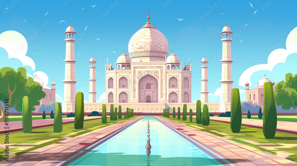 copy space, simple vector illustration, cartoon style, The Taj Mahal ...