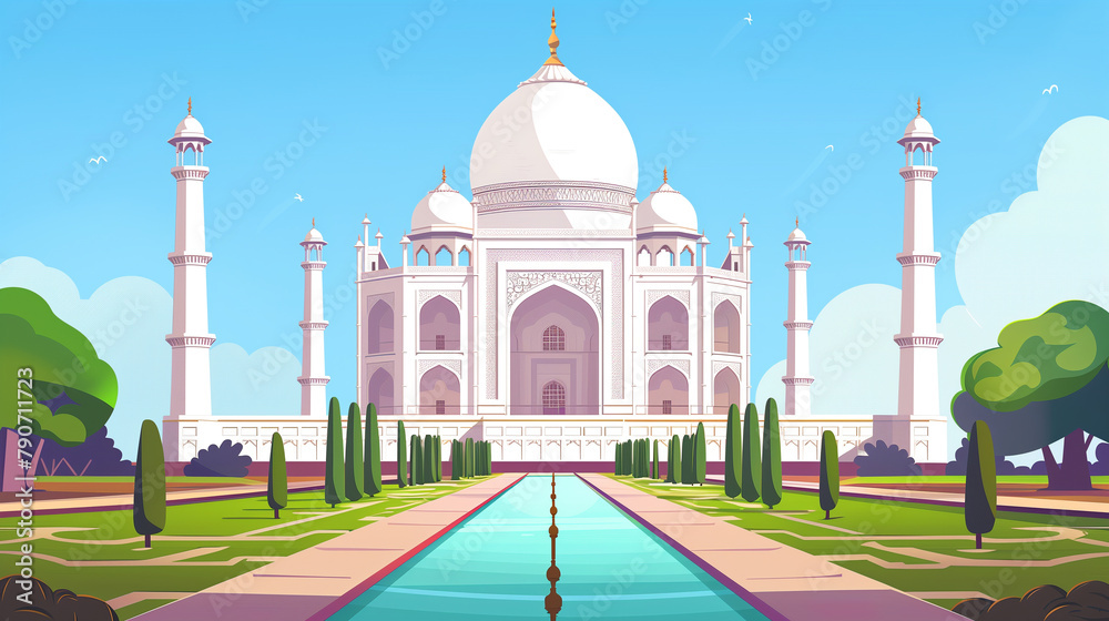 copy space, simple vector illustration, cartoon style, The Taj Mahal ...