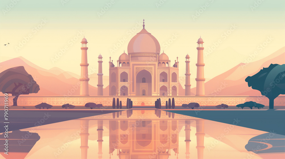 copy space, simple vector illustration, cartoon style, The Taj Mahal ...