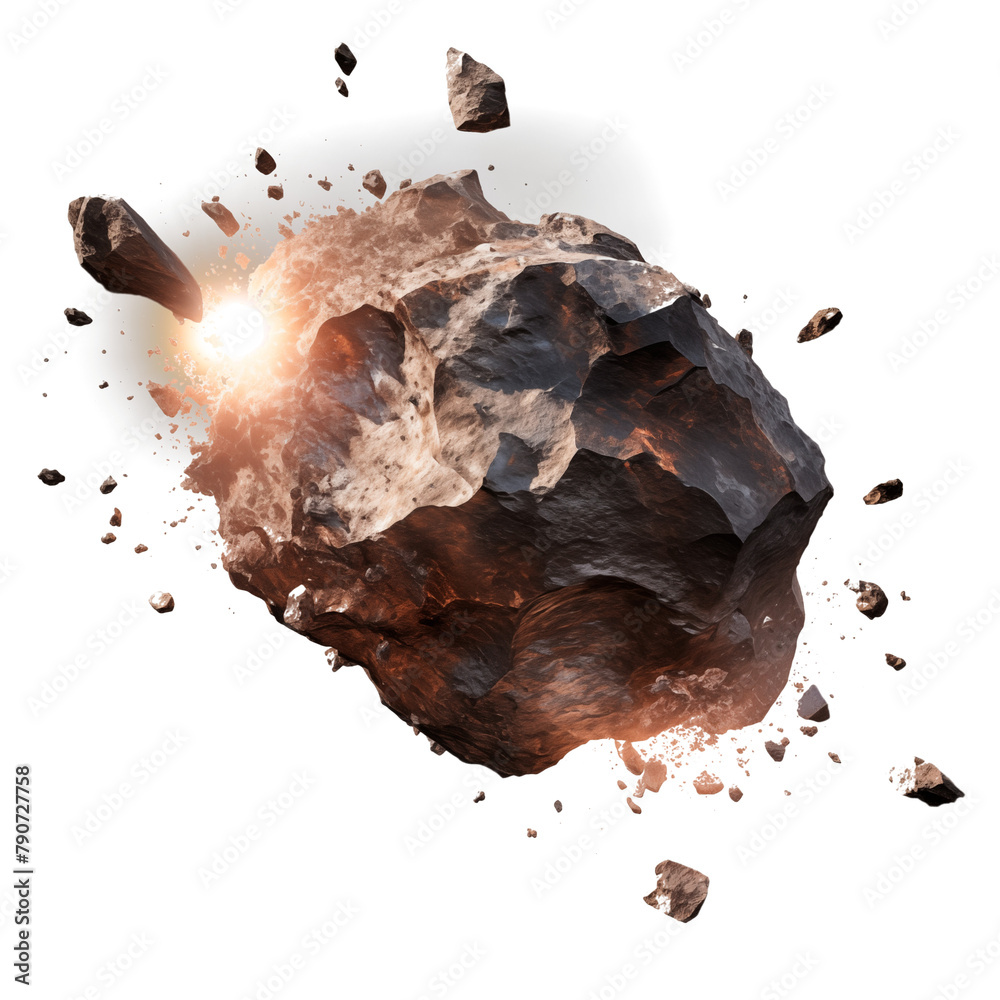 Falling meteorite isolated on a white or transparent background. A ...