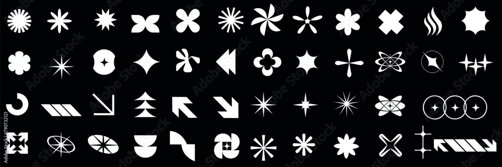 Brutalist vector shape set, white icons, black background, modern ...