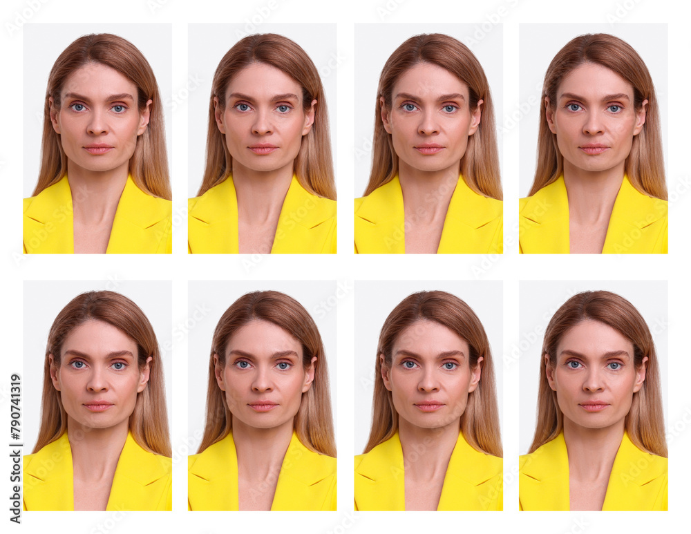 Passport photo, collage. Woman on white background, set of photos Stock ...
