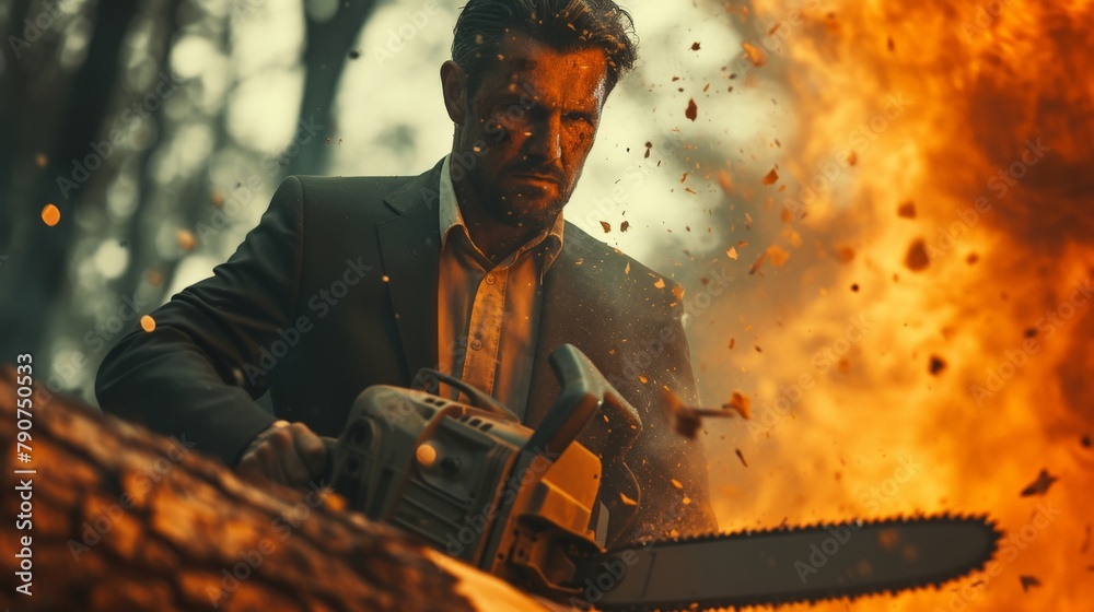 Man in a suit holding a chainsaw in front of a burning tree ...