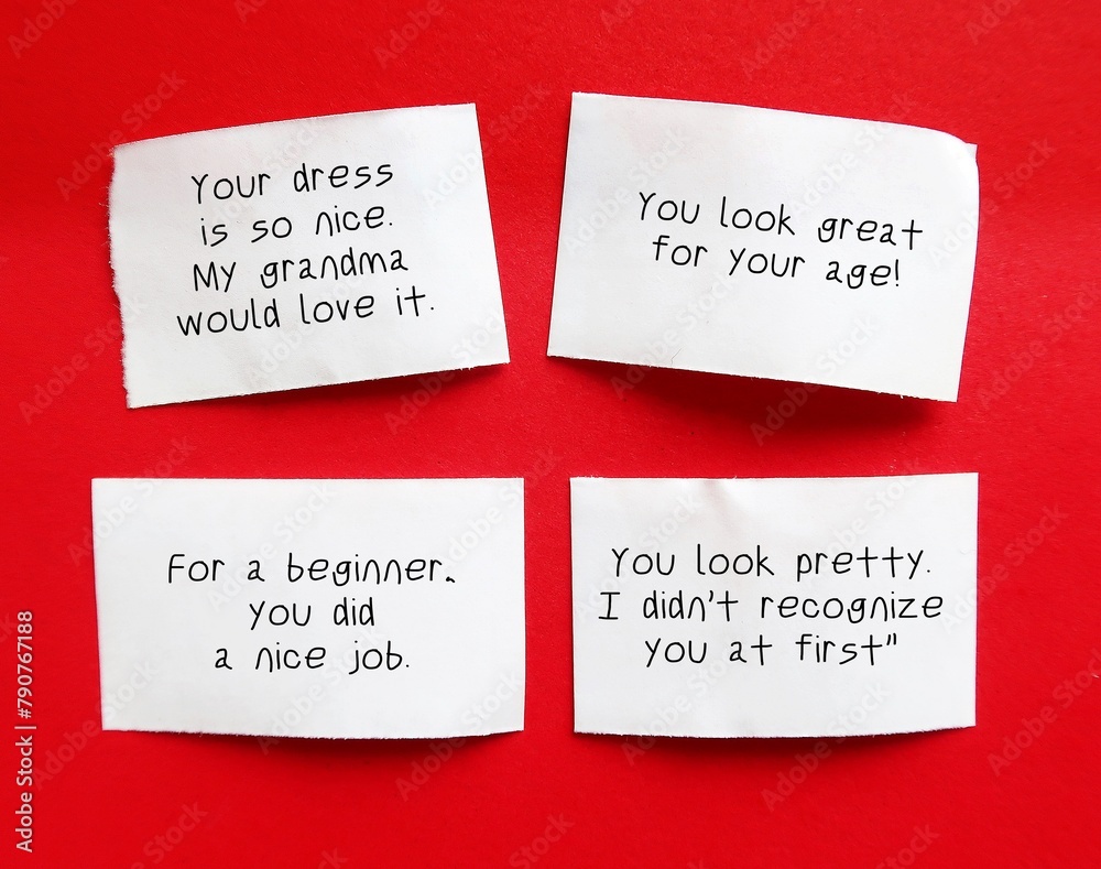 Note paper with sample of Backhanded Compliments - remark which seems ...