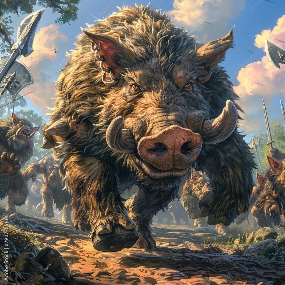 An animated depiction of an orcboar sniffing the air, its powerful legs ...