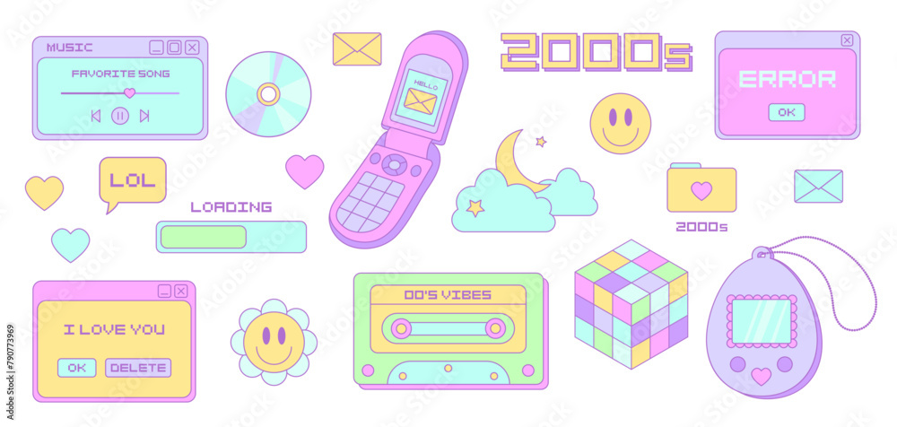 Retro sticker pack in trendy cute y2k style. Kawaii set. Nostalgia for ...