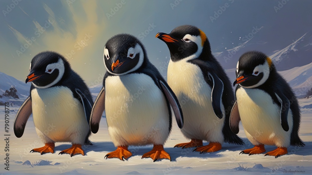 A whimsically animated group of penguin characters frolicking and ...