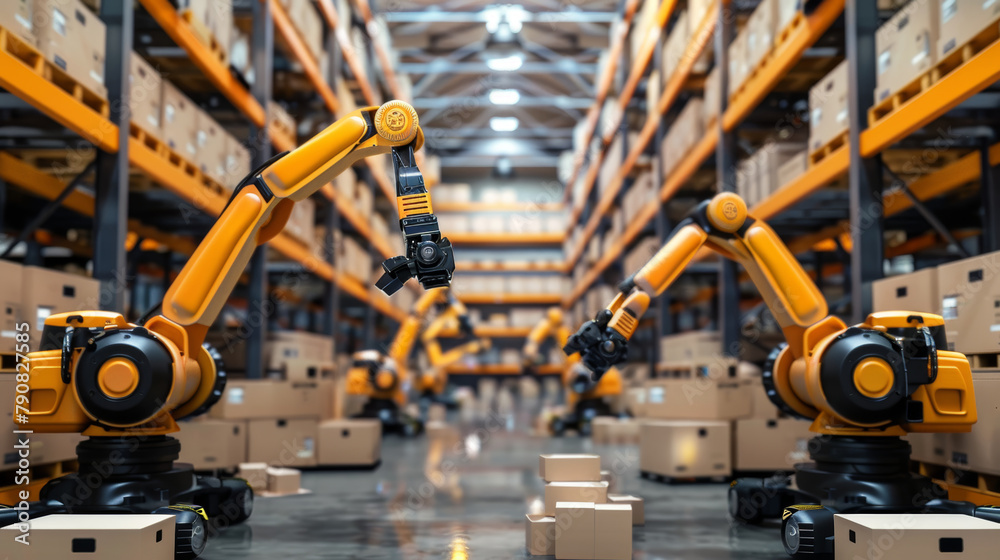 Twin yellow robotic arms stand ready in a distribution warehouse ...