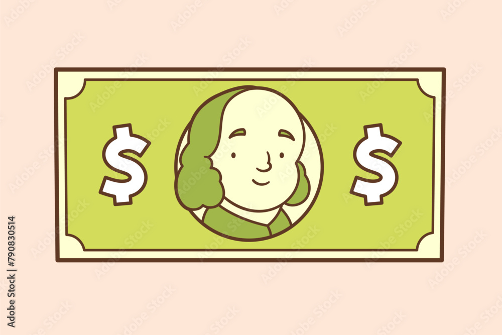 Cute kawaii dollar bill with Benjamin Franklin vector cartoon ...