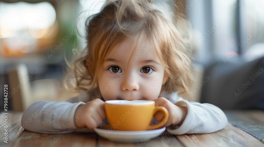 Dangerous Hot Content. Little Child Reaching for Hot Cup of Tea on ...