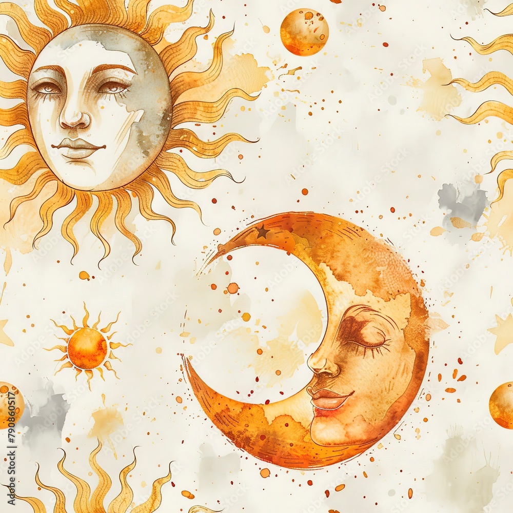 Seamless watercolor design of sun and moon faces in boho style ...